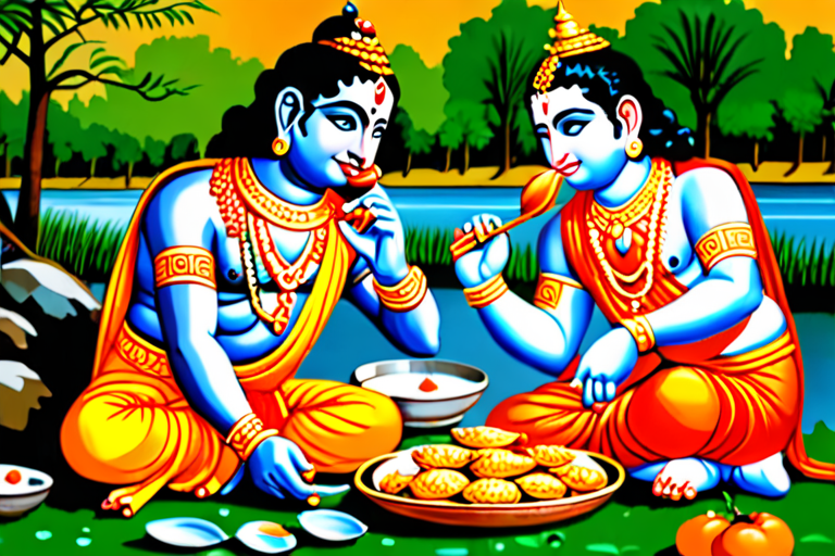 Hindu god Rama and Laxman eating food near river. With pleasant face ...