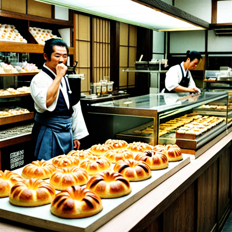 the inside of a pastry shop in the sengoku era japan. on the from is ...