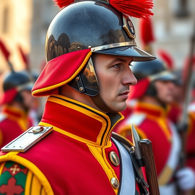 Imposing Soldier in Historical Uniform During a Colorful Military Parade