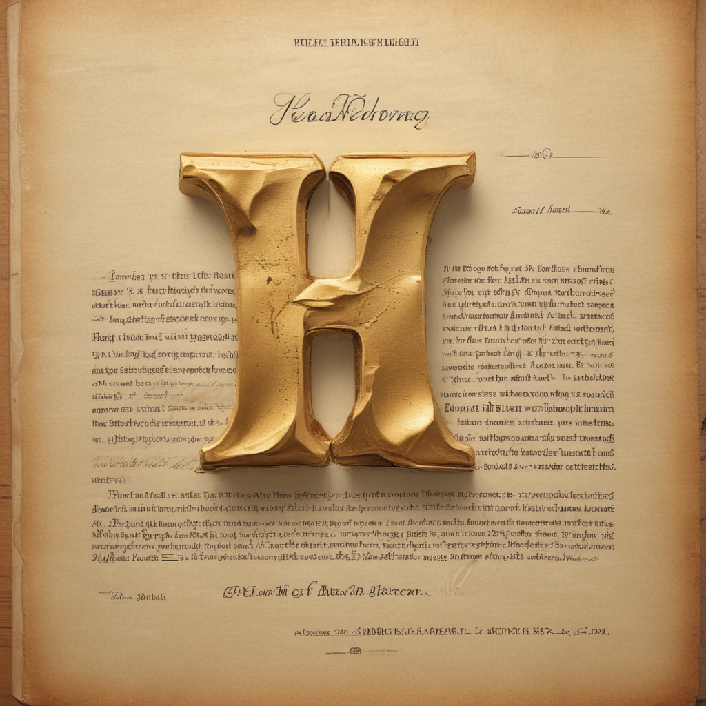 Golden Letter H on Vintage Manuscript Background with Elegant Typography