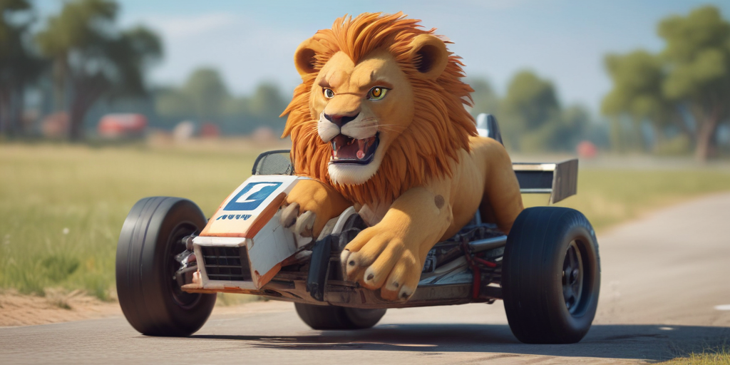 pixel cartoon Lion as racing driver on the savanna