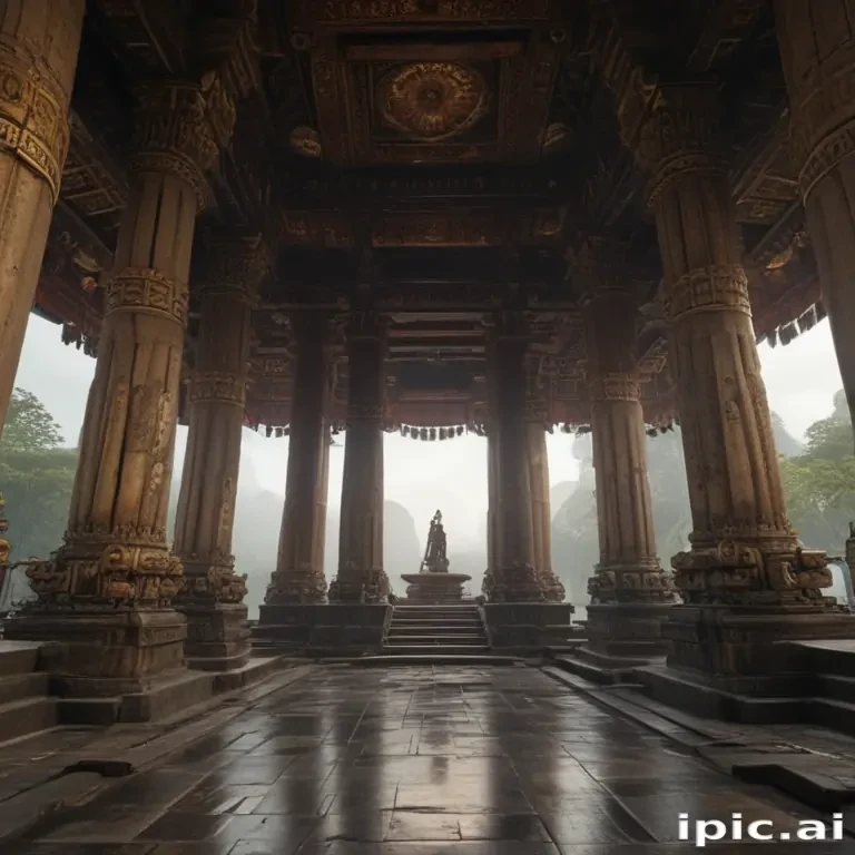 Majestic Ancient Temple Surrounded by Lush Nature and Mysterious Fog.