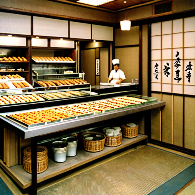 the inside of a pastry shop in the sengoku era japan. on the from is ...