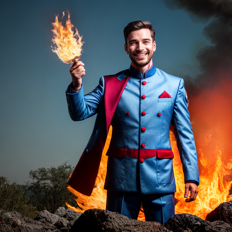 A man with wild smile standing in fire with fire on its suit