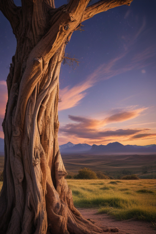 Majestic Ancient Tree Standing Tall Against a Stunning Sunset Landscape.