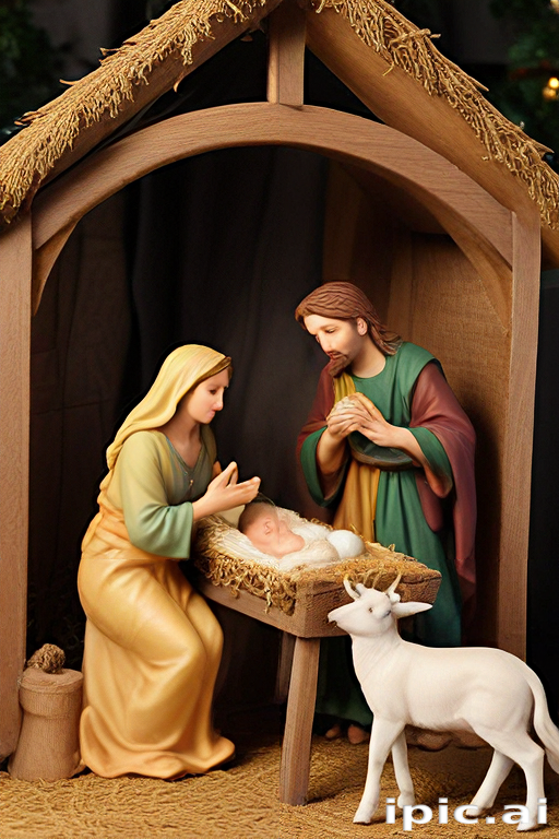 Traditional Nativity Scene Depicting the Birth of Jesus Christ in Stable