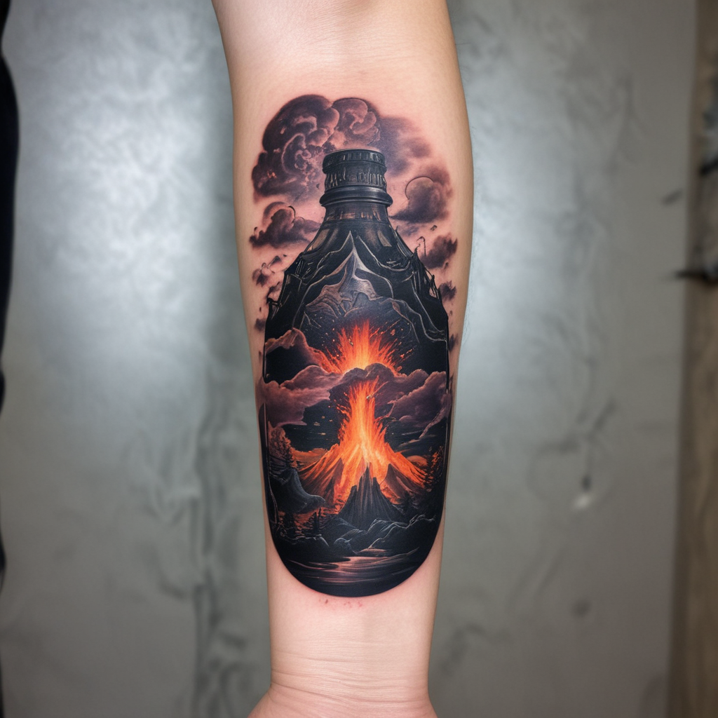 Large Volcano in a bottle forearm tattoo all black