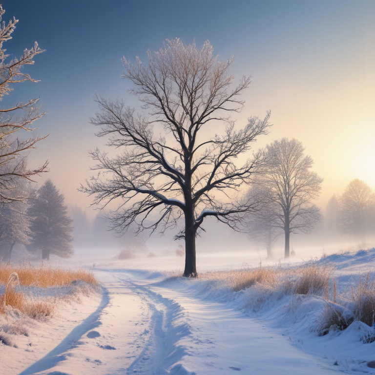 A Tranquil Winter Scene Featuring a Majestic Tree in Soft Light