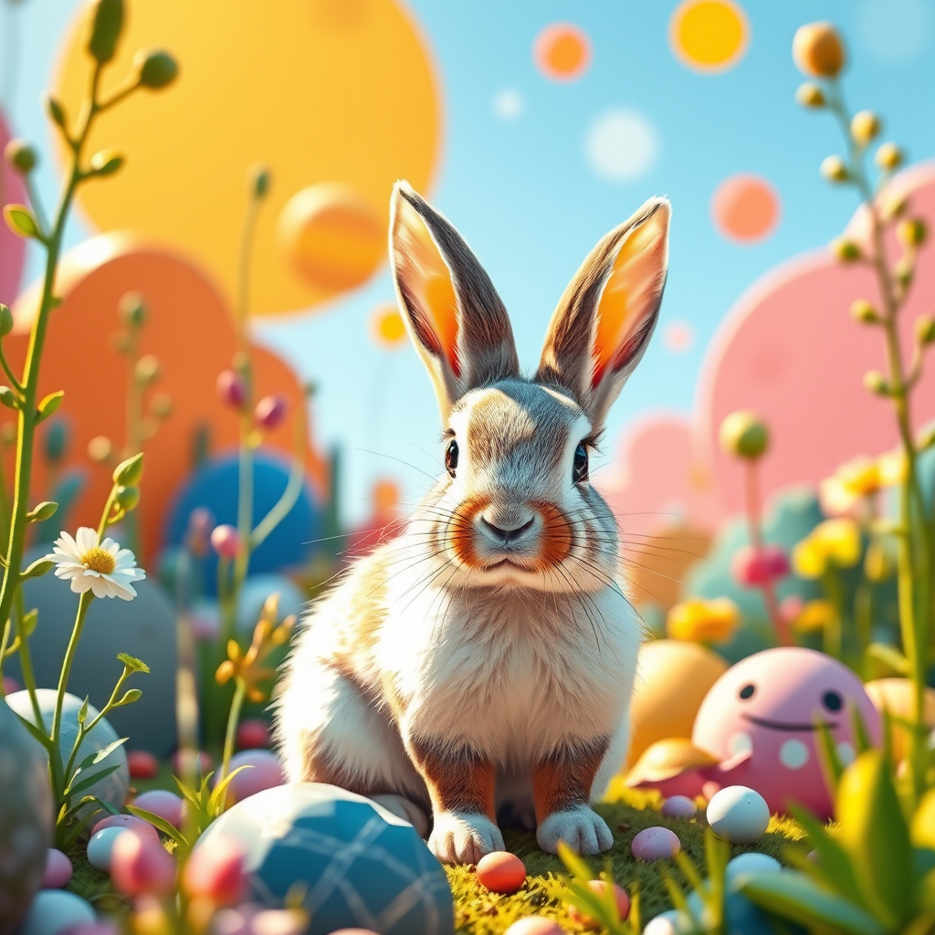 A Playful Rabbit Surrounded by Colorful Eggs and Vibrant Flowers in a ...