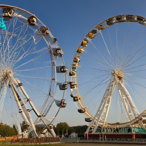 two ferris wheels,one earth themed and one sun themed