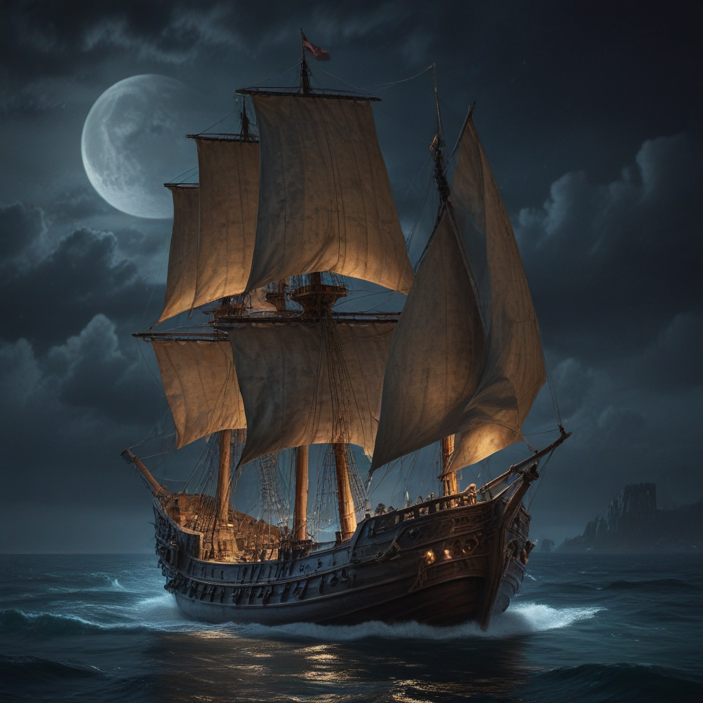 large, medieval ship, sailing at sea at night, fantasy, dramatic ...