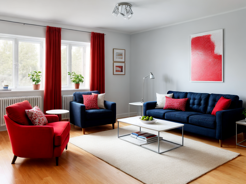 Scandinavian interior, Ikea, blackout curtain, red round rug