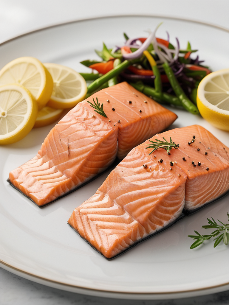 Freshly Grilled Salmon Fillets Served with Colorful Vegetable Salad and ...