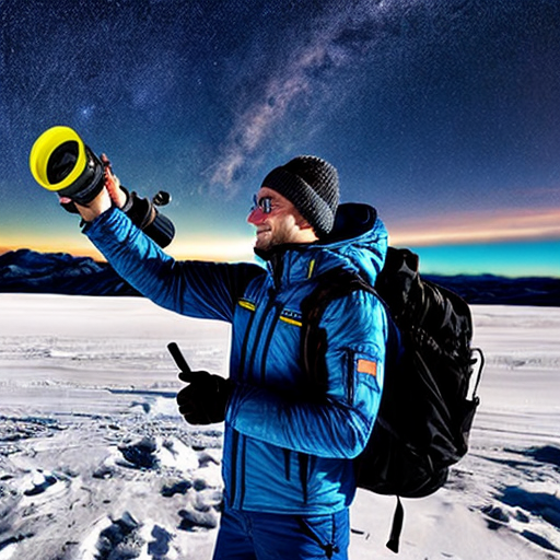 man is discovering space using a telescope in the middle of snow field ...