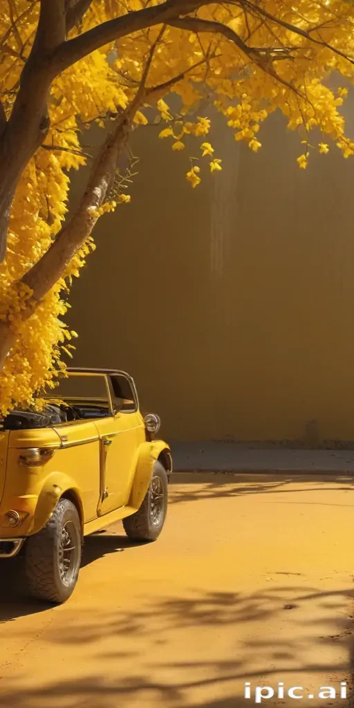 Charming Vintage Yellow Car Under Vibrant Golden Tree in Serene Setting