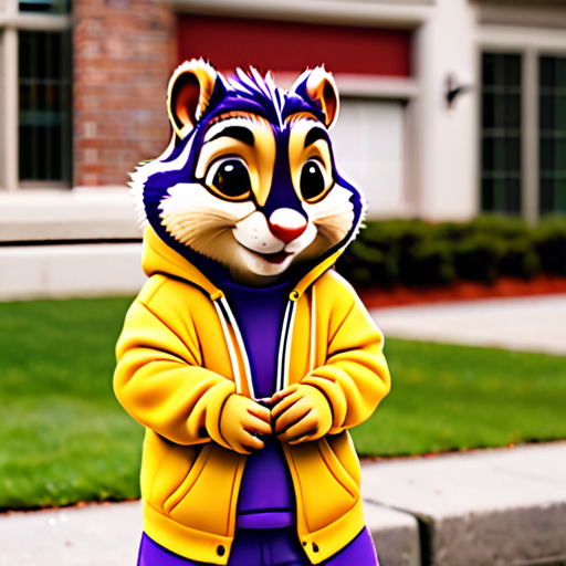 alvin seville the chipmunk in a yellow and purple hoodie