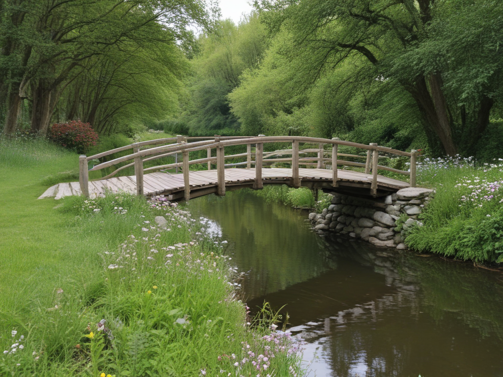 wodden bridge over a river and next to it flowers and trees