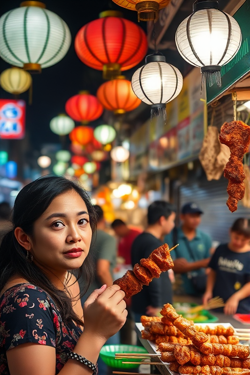 A Vibrant Night Market Scene with Lanterns and Delicious Street Food ...