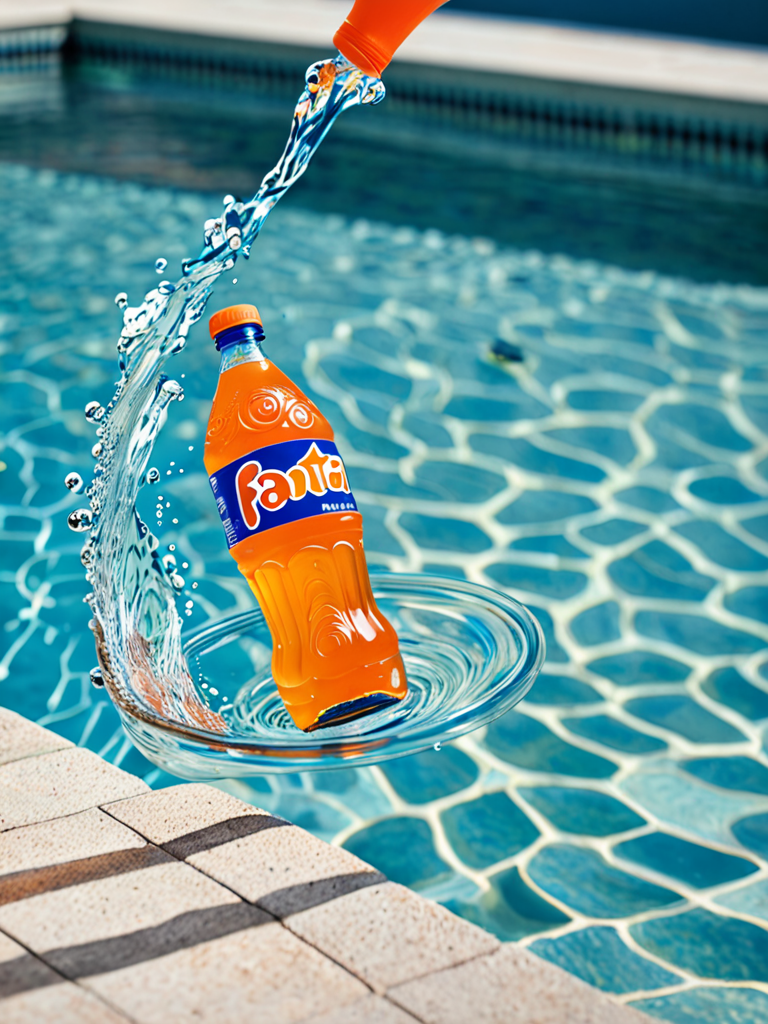 A bottle of Fanta taking a dive into a pool