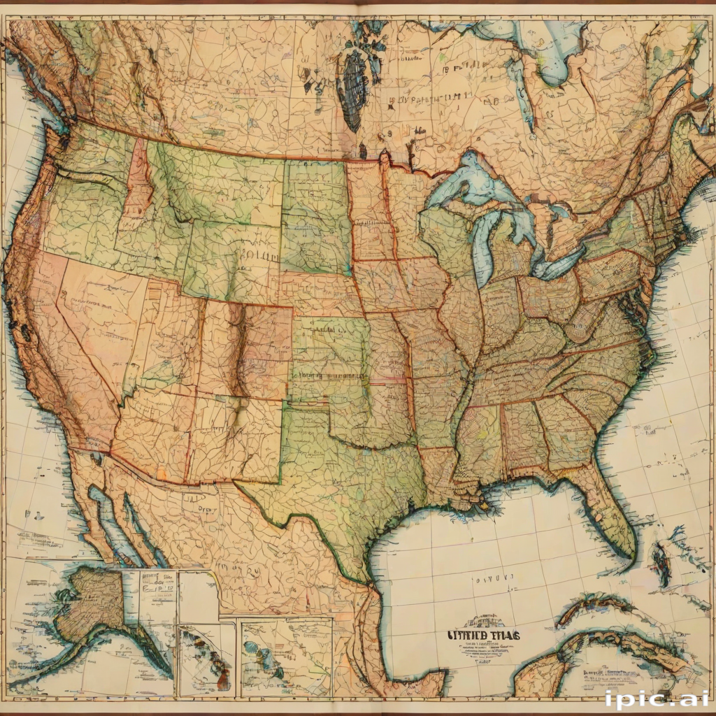 Detailed Historical Map of the United States Highlighting State Borders ...