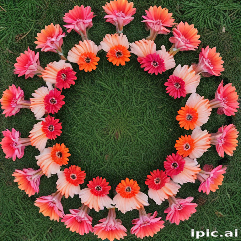 A Vibrant Circle of Colorful Flowers Adorning a Green Grass Background.