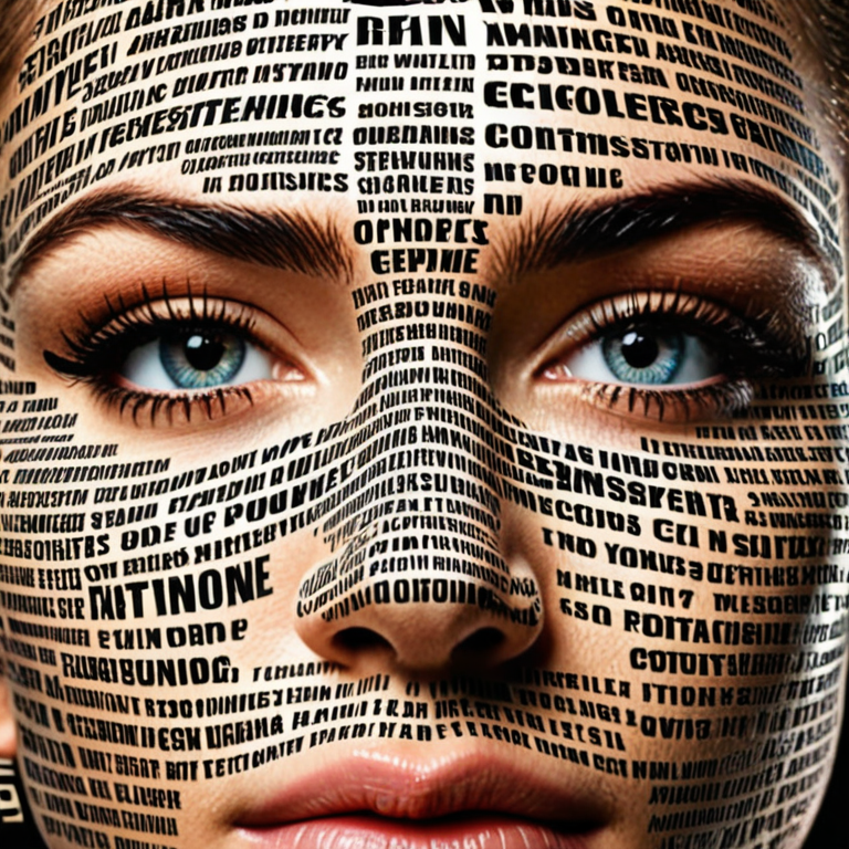 A person's face is covered with many 3D words (flaminkgosh designer ...