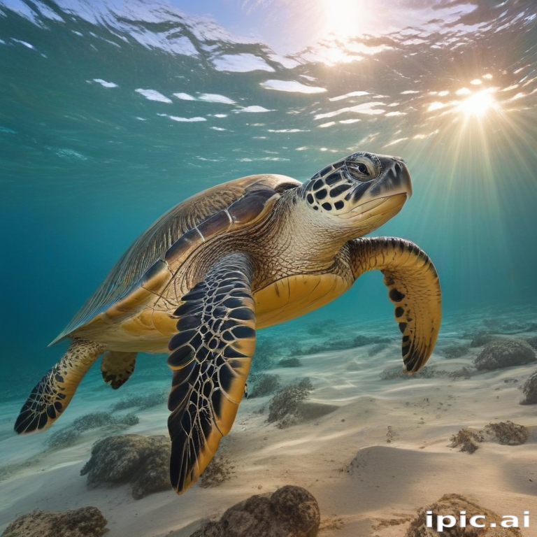 Graceful Sea Turtle Swimming Through Crystal Clear Ocean Waters Under ...