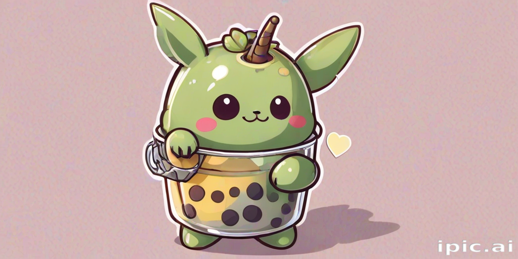 Adorable Green Creature with Unicorn Horn Inside a Bubble Tea Cup