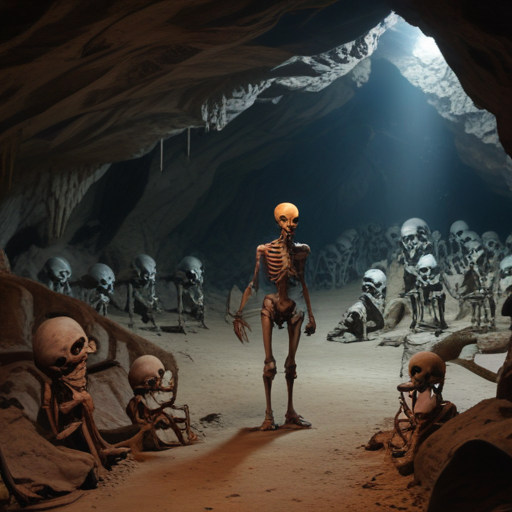a alien like creature in a cave with a bunch of skeletons