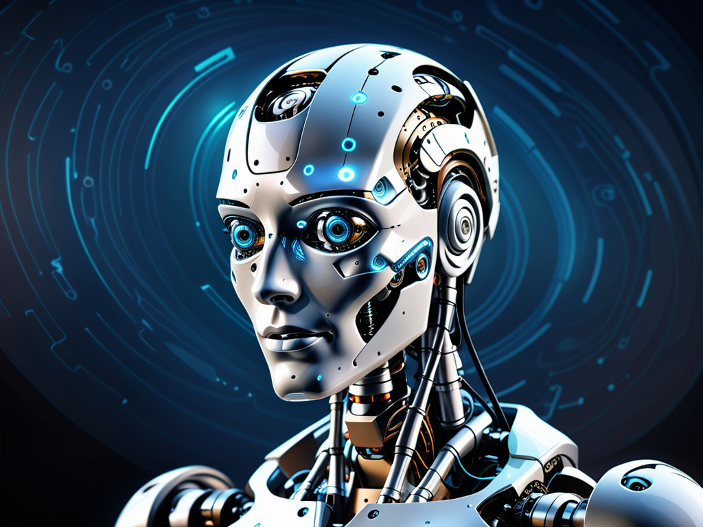 Futuristic Robotic Face with Glowing Eyes and High-Tech Circuitry Design.