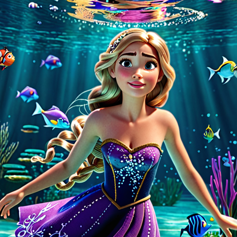 disney Tangled underwater frock swimming scene. 3d animation 4k