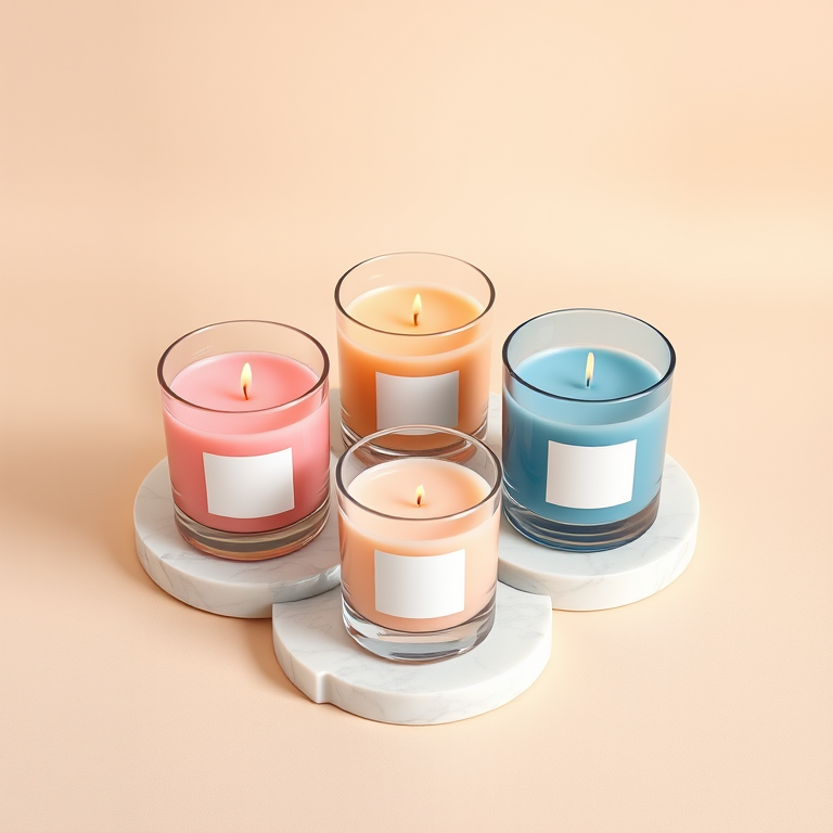 Elegant Arrangement of Colorful Scented Candles on Marble Coasters