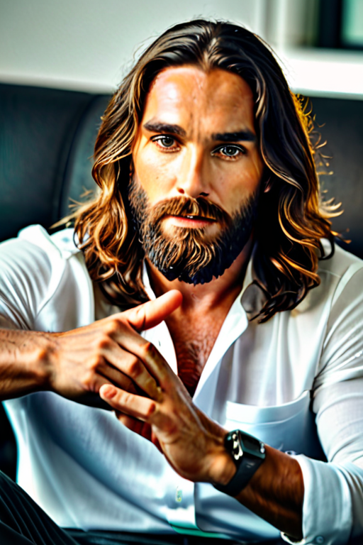 Jesus christ, with long flowing hair and a beard, an intense expression ...