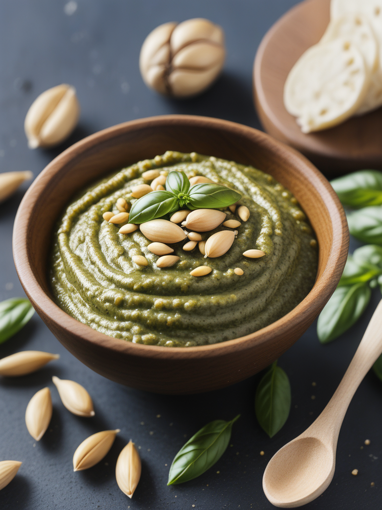 Deliciously Creamy Green Pesto with Pine Nuts and Fresh Basil Garnish
