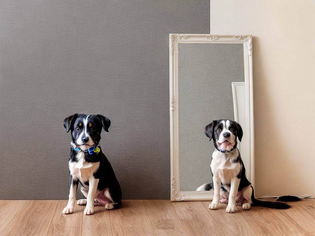 a dog in front of a mirror