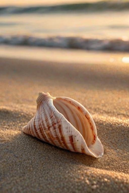 Beautiful Seashell Resting on Sandy Beach with Gentle Ocean Waves