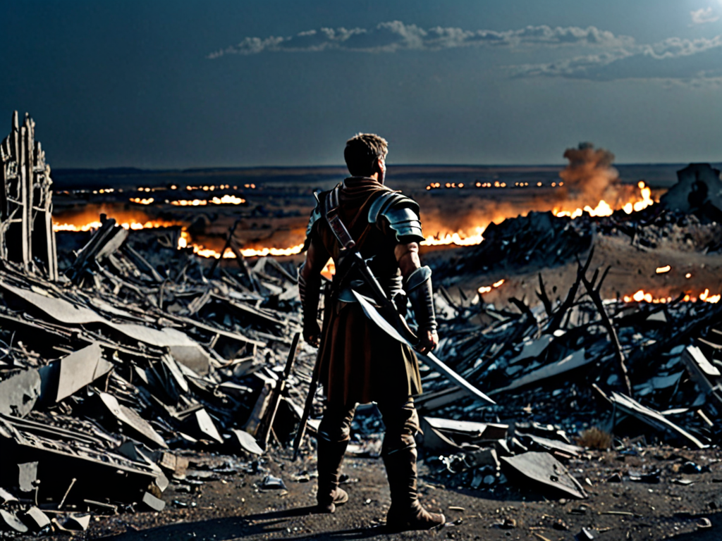A warrior looking over a destroyed, desolate landscape in the dark