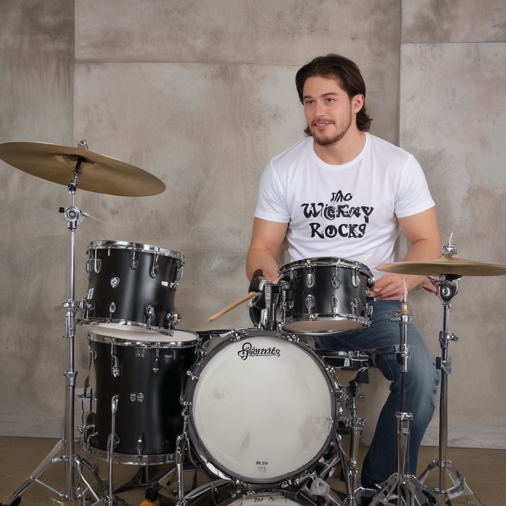 person playing drums. metal vibe. with a tshirt that says "Wicky Design ...