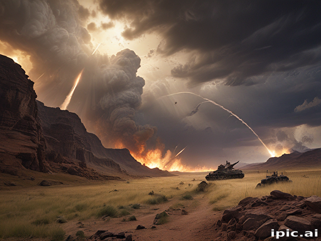 Epic Battlefield Scene with Tanks Under Dramatic Clouds and Explosions