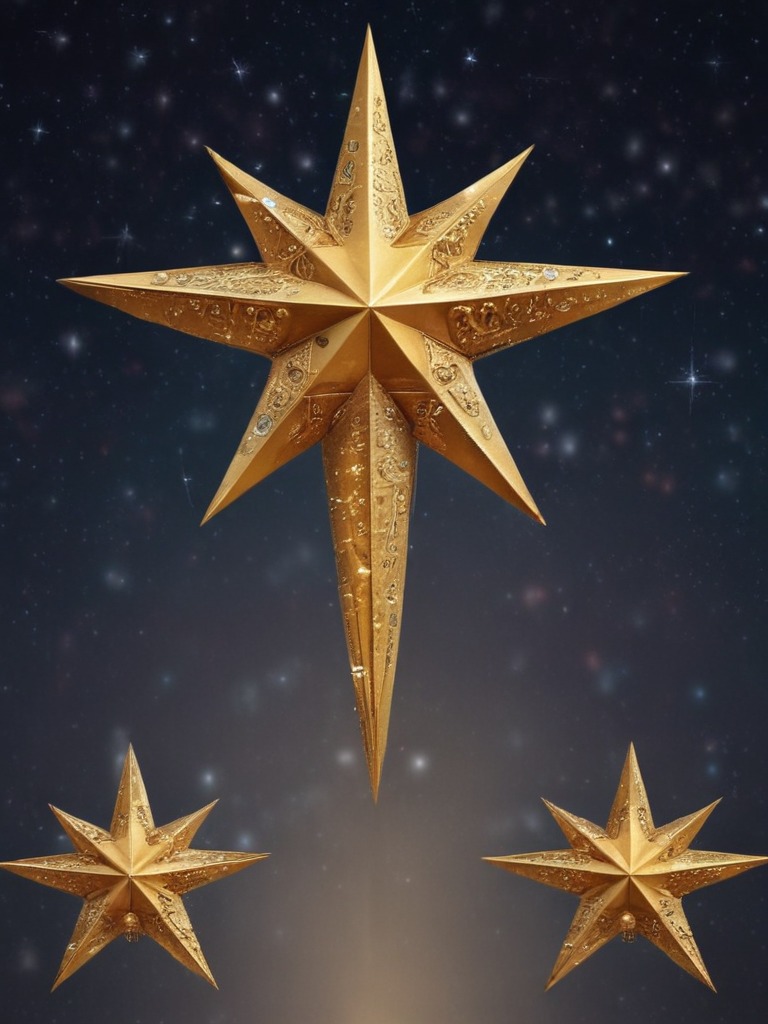 Golden Three-Dimensional Stars Glimmering Against a Starry Night Sky