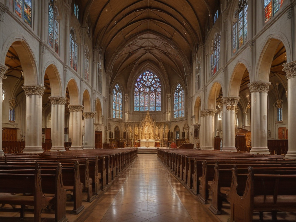 Majestic Interior of a Grand Church with Stunning Stained Glass Windows