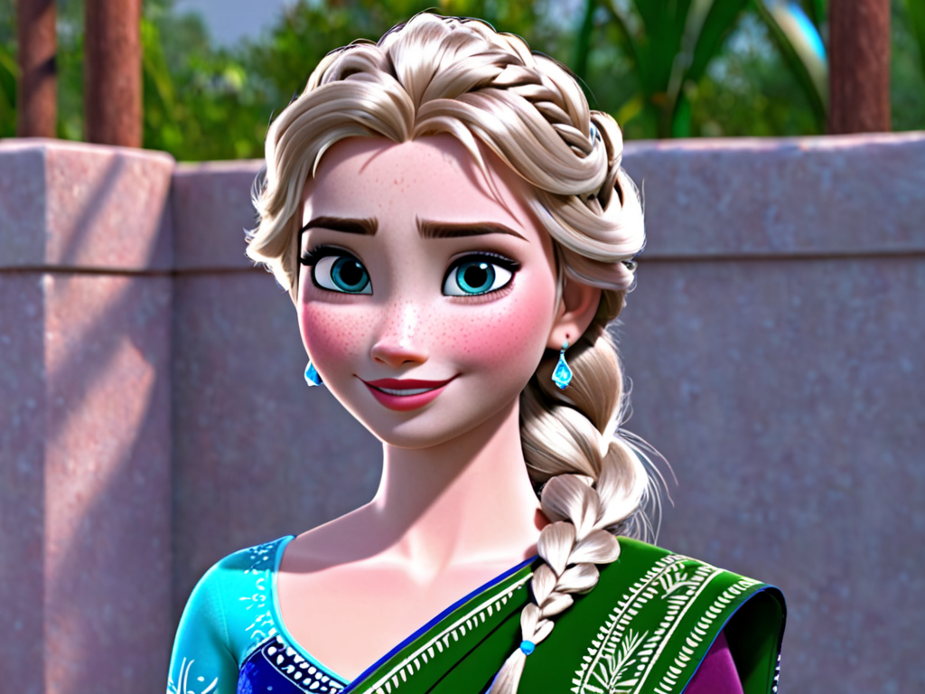 Elsa hug Anna in saree indian smile frozen disney smile look at camera ...