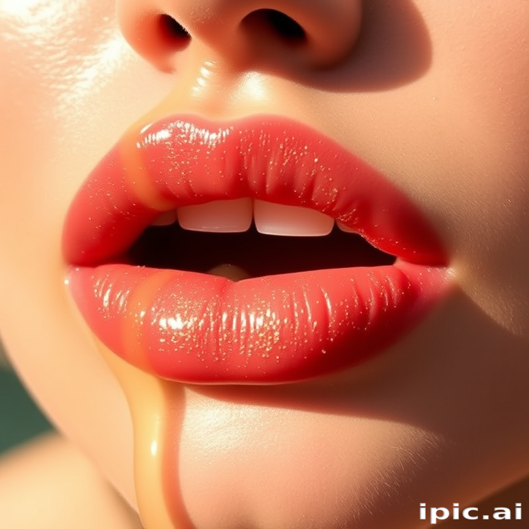 Close-Up of Glossy Lips with Dripping Honey for a Sweet Effect