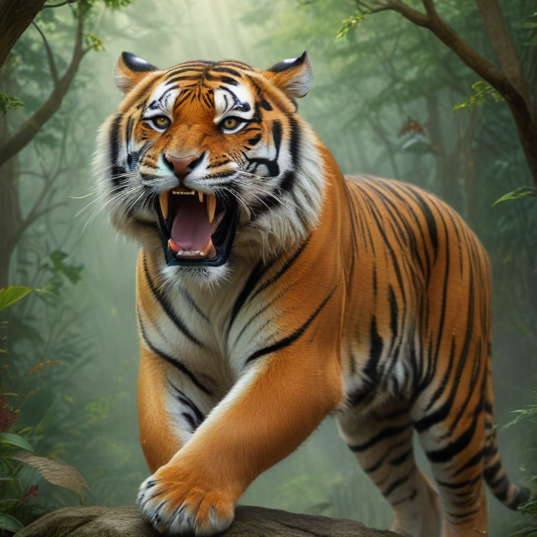 A Fearsome Tiger Roaming Through a Lush Green Jungle Landscape.