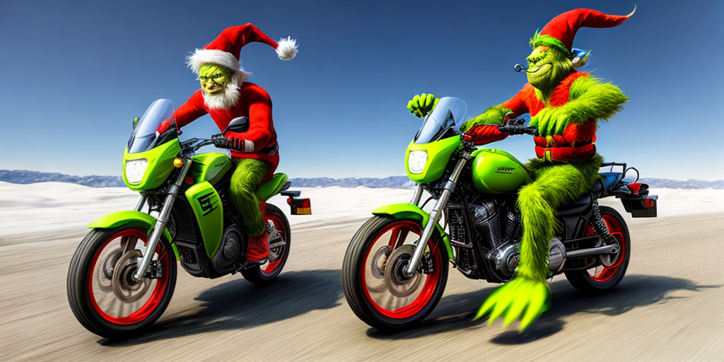 Realistic Grinch riding a sport motorcycle, 3D, Christmas background