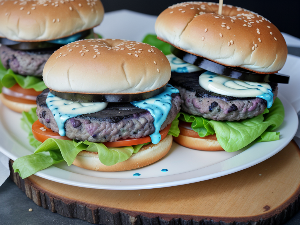 Colorful Gourmet Burgers with Unique Toppings and Fresh Vegetable Garnishes