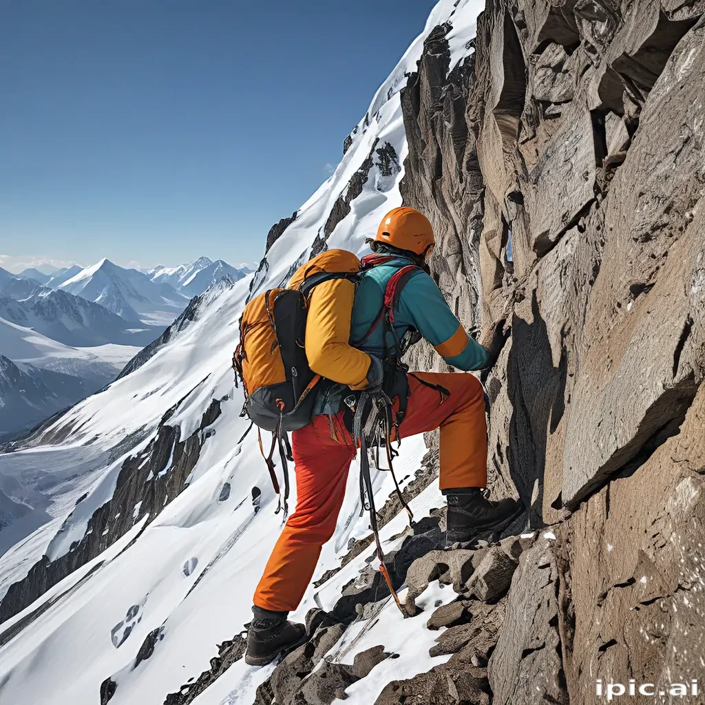 A Dedicated Climber Ascends a Steep Rocky Mountain Face in Winter.