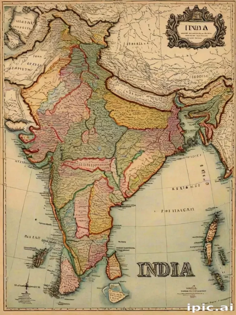 A Detailed Historical Map of India Showcasing Regions and Borders