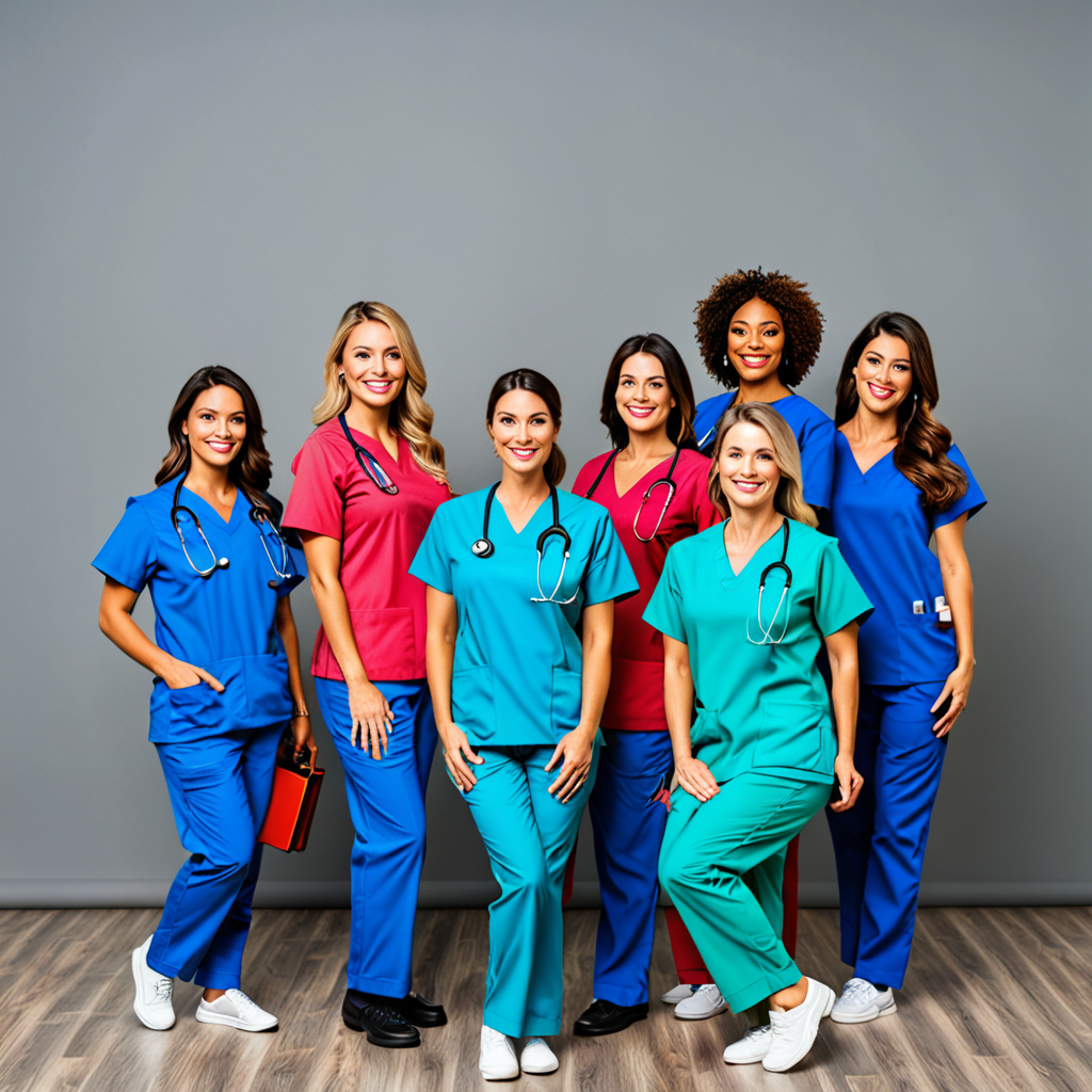 nurses doing a photo shoot in different color scrubs
