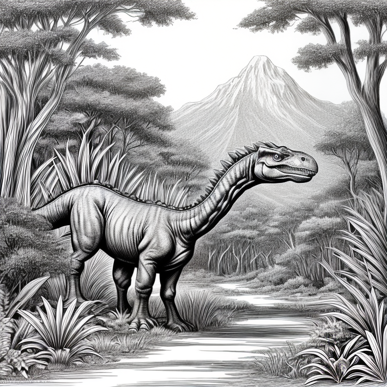 coloring page, no color, dinosaur in a jungle, cartoon style, black and ...